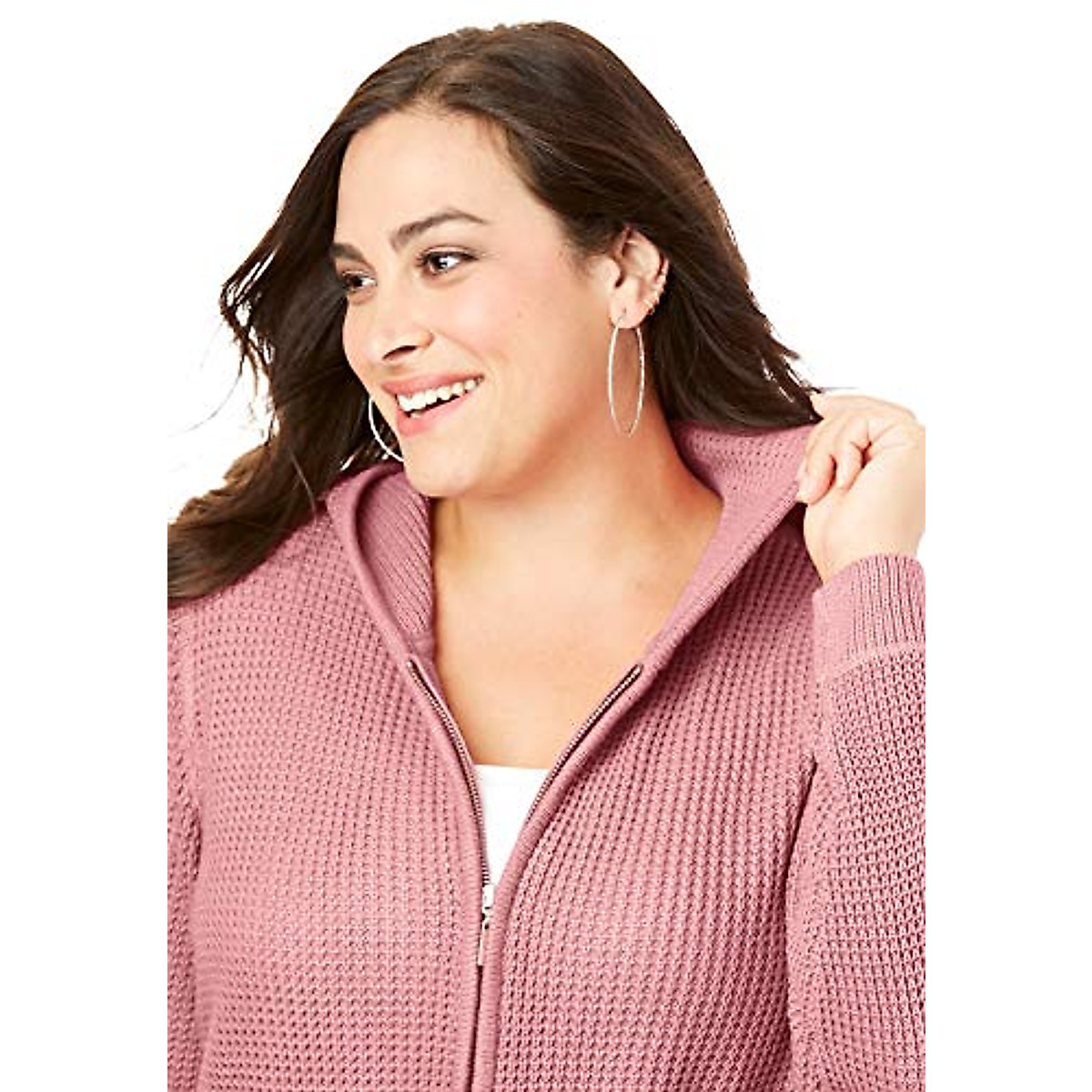 Roaman's Women's Plus Size Classic-Length Thermal Waffle Hoodie Zip Up Sweater - 3X, Medium Heather Grey Gray