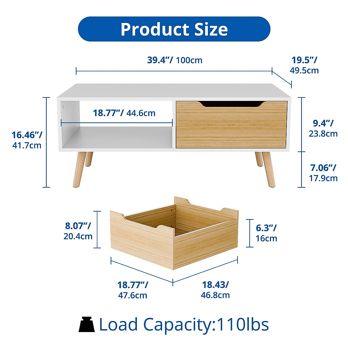 Cozy Castle Modern Coffee Table, Wooden Cocktail Table with Storage, Minimalist Hallway Table, Mid Century Modern Coffee Table for Living Room Apartment Reception, White