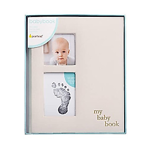Pearhead Linen Baby Memory Book and Clean-Touch Ink Pad, Gender-Neutral Baby Accessory, Baby Milestones Photo Album, 50 Fill In Pages, New and Expecting Parents, Linen Ivory