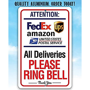Delivery Sign for Package and Box Deliveries - Please Ring Bell Instructions - Directional Deliveries Metal Sign for Home Office, Porch Entryway Gate, 8x12 Aluminum Safe Use Indoors or Outdoors