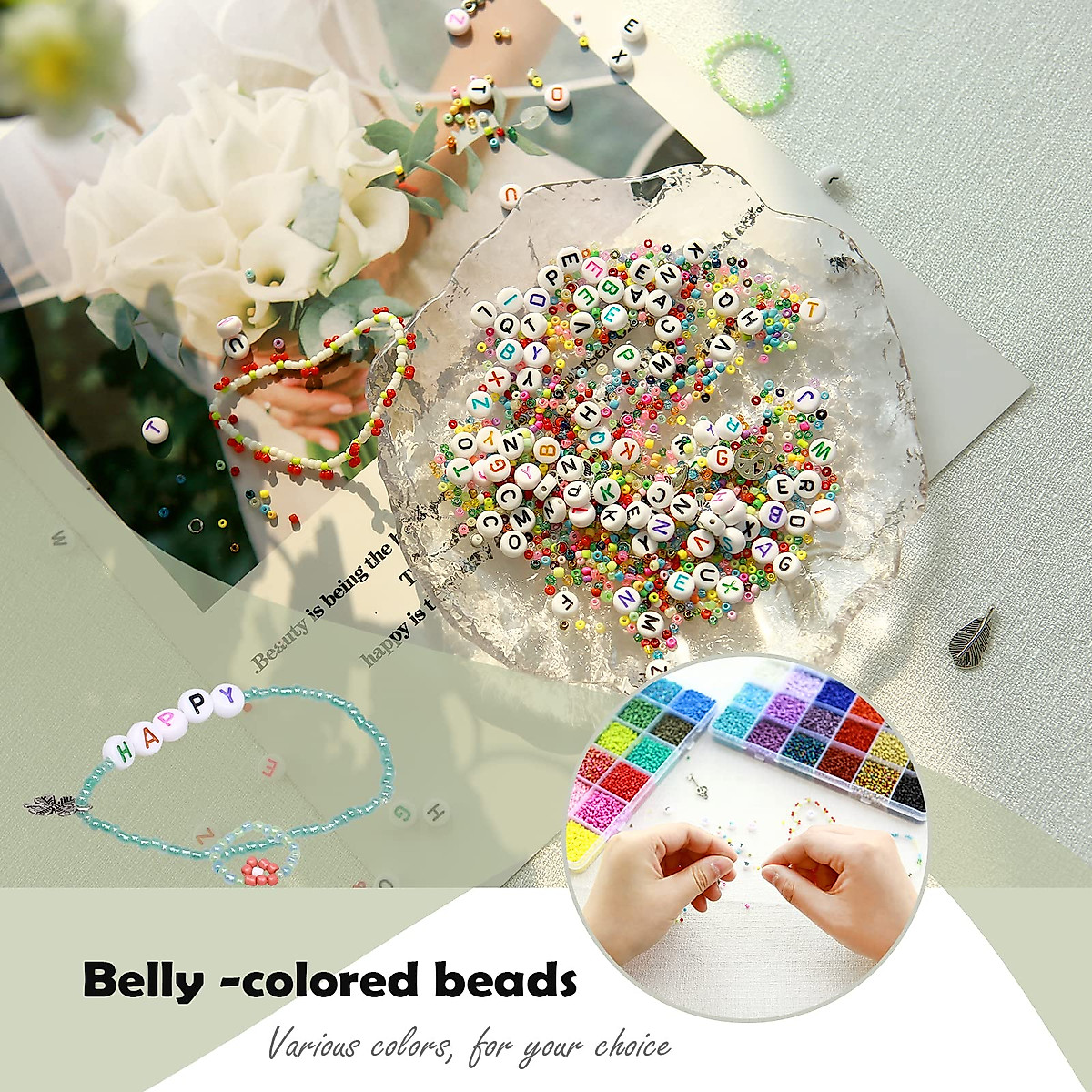 GREENTIME 45000pcs 2mm Seed Beads for Jewelry Making Kit Small Beads 11/0 Rainbow Beads with Letter Beads, Jump Rings & Charms Pendants for DIY Crafts Bracelets Necklaces Rings Waist Beads kit