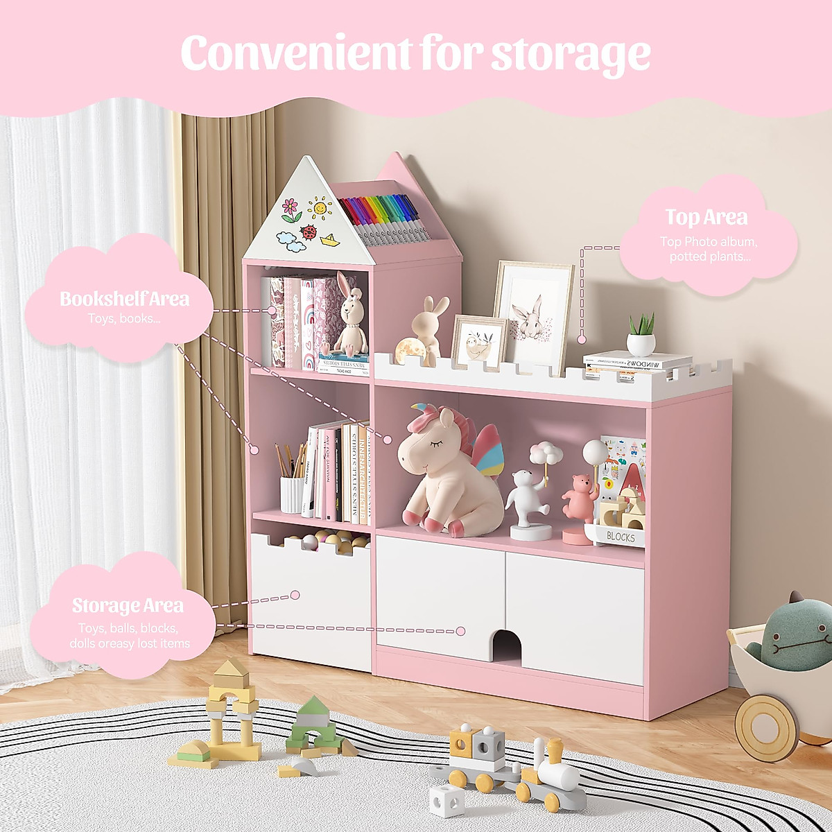 Decofy Toy Storage Organizer, Wood Kids Castle Bookshelf, 6 Cubby Children Bookcase, Montessori Book Shelf for Nursery, Playroom, Living Room [Size: 39.4" L* 11.8" W * 39.4" H] Pink