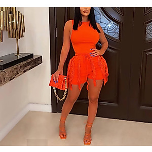 Annystore Fringe Tassel Shorts Sets Women 2 Piece Outfits - Sexy Sleeveless Tank Tops High Waisted Bodycon Shorts Jumpsuits Workout Sets Party Vacation Outfits Clubwear Orange, XL