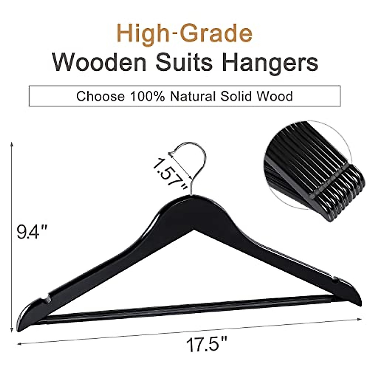 TOPIA HANGER Wooden Coat Hangers 30 Pack, Black Wood Suit Hangers with Non Slip Pants Bar, 360° Swivel Hook and Shoulder Notches for Camisole, Jacket, Pants, Smooth Finish Clothes Hangers -CT34B30