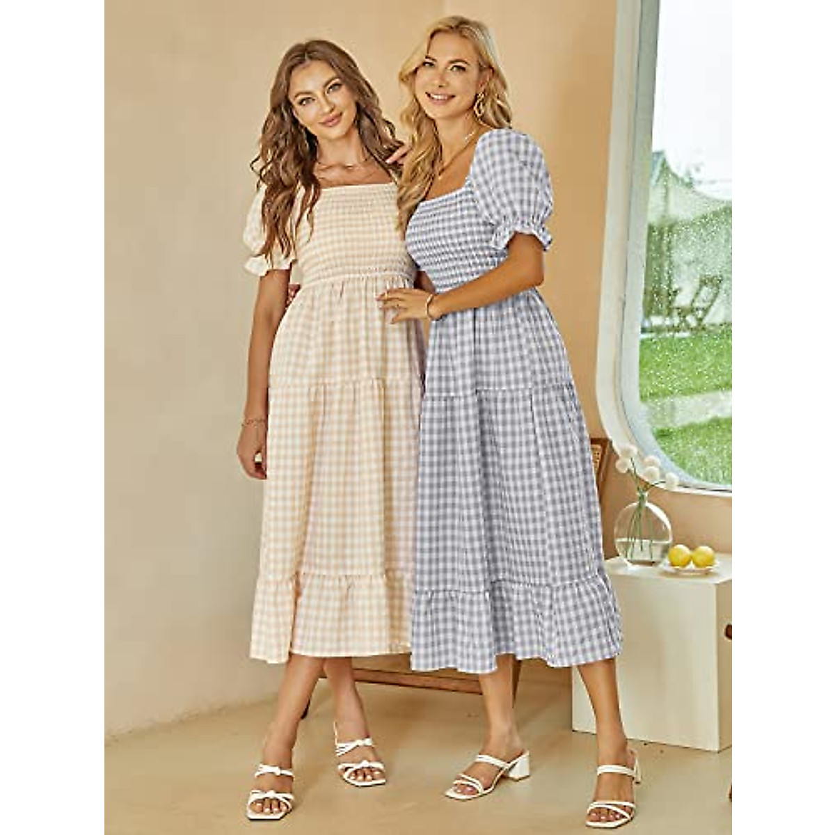 MEROKEETY Women's Plaid Square Neck Ruffle Puff Sleeve Midi Dress Summer Boho Backless Smocked Dress, Beige, Medium