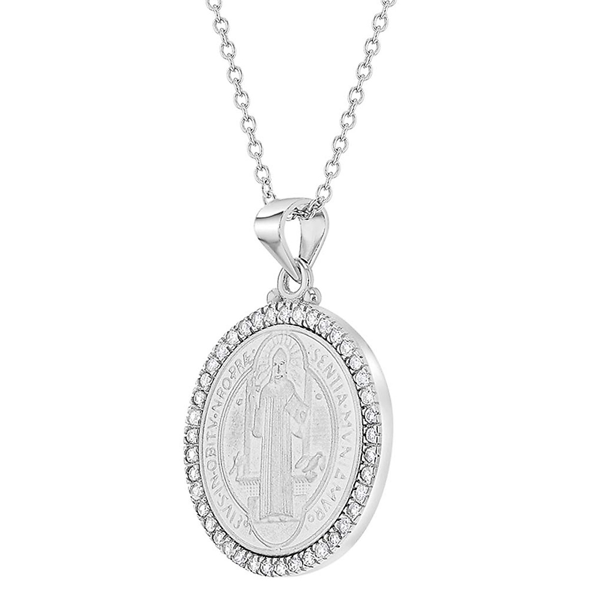 925 Sterling Silver Clear Cubic Zirconia Saint Benedict Medallion 18" Necklace for Young Girls & Teens - Religious Shiny CZ St. Benedict Medal Necklaces for Girls - Faith Charm Jewelry for Women