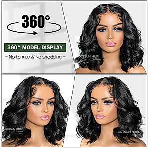 OCTSUN 12" Glueless Short Wavy Wigs Human Hair Pre Plucked 13x4 HD Lace Front Wigs Human Hair 180 Density Shoulder Length Loose Wave Bob Wig Brazilian Human Virgin Hair Body Wave Wigs for Black Women