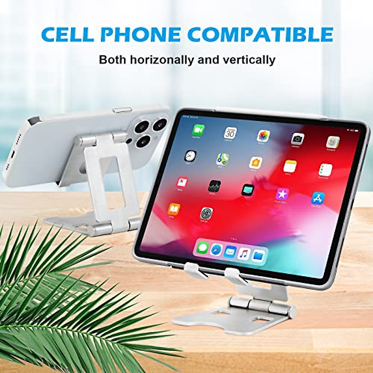 Desktop Cell Phone Stand for Up and Down Angle Height Adjustable Desk Sturdy Aluminum Metal Phone Holder for iPhone,MiniIpad, Mobile Phone, All Android Smartphone,Silver