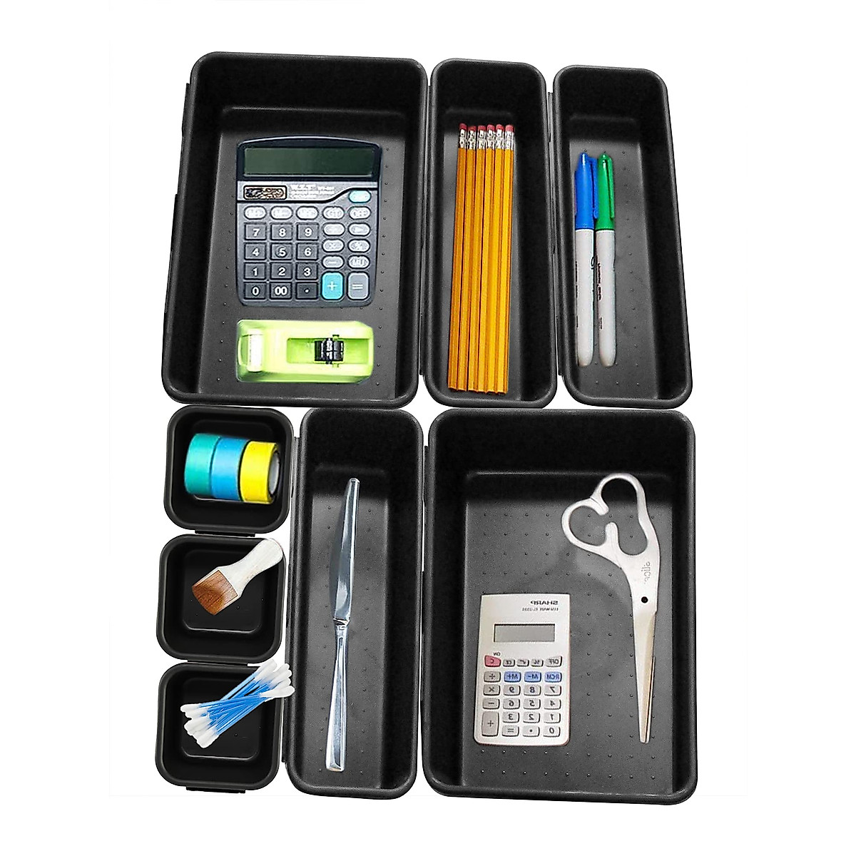 HOME-X Connecting Organizer Trays, Set of Interlocking Adjustable Trays for Organizing Office Supplies and Kitchen Utensil Drawers, Set of 8, 3 Sizes, Black