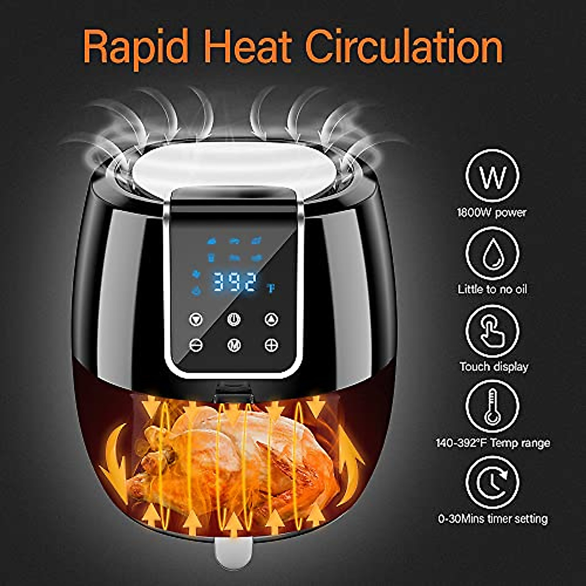 6-in-1 Air Fryer, 7-Quart/6.5L Smart Electric Hot Airfryer Combo Oven Oilless Cooker, 1800W Large Capacity Multifunction Health fryer with LCD Digital Screen and Nonstick Frying Pot, 140℉ to 400℉ Temperature Range, ETL/UL Certified