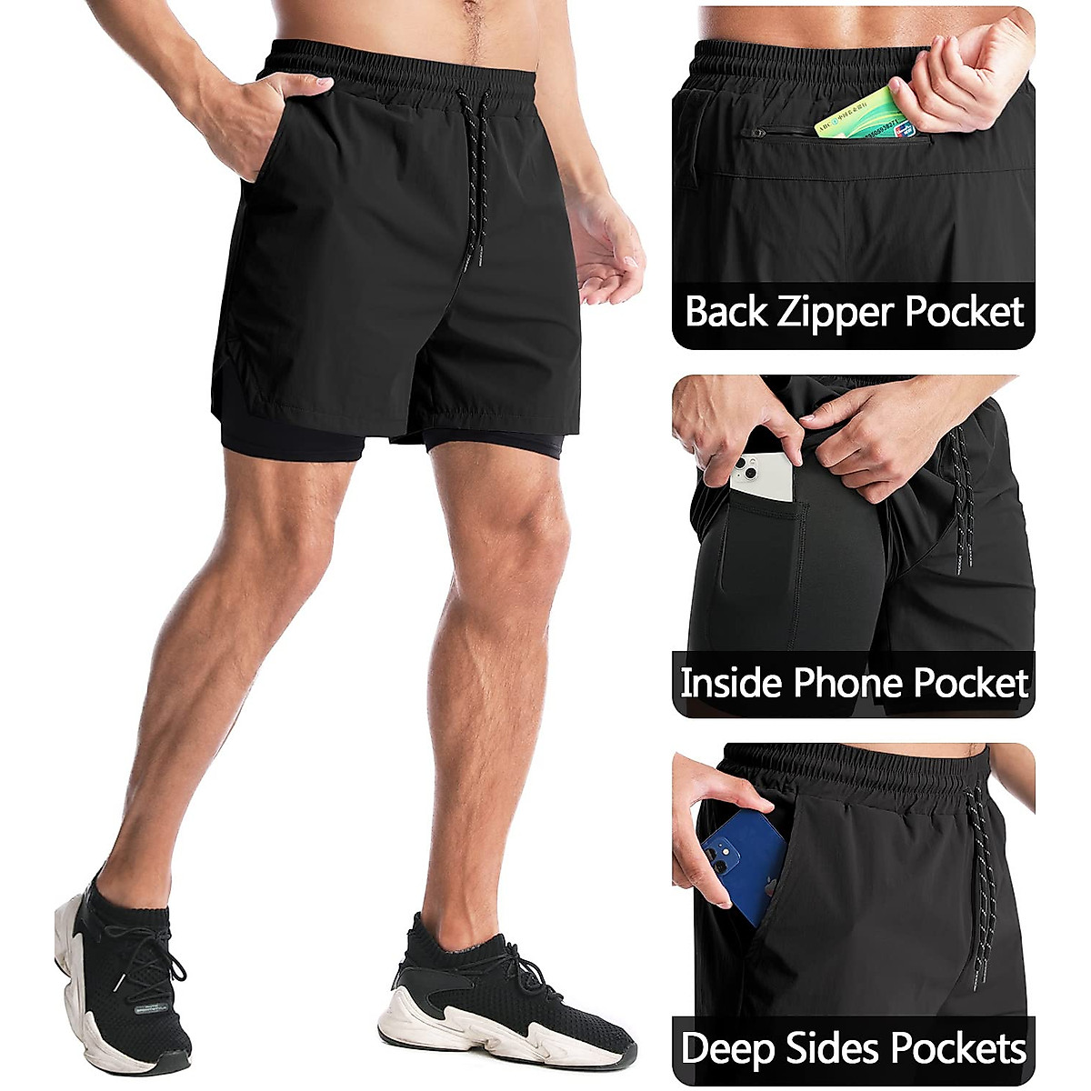 Aolesy Men’s 2 in 1 Running Shorts 5 Inch Workout Gym Athletic Shorts for Men Quick Dry Lightweight Training Shorts with Pockets Black