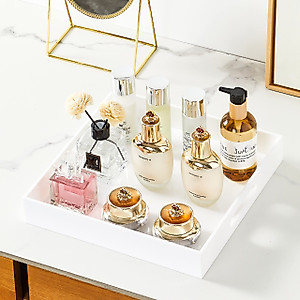 MUKEEN Glossy White Acrylic Serving Tray with Handles, 12x12x2H Inches - Spill Proof, Decorative Trays for Countertop, Ottoman Coffee Table, Nightstand, Breakfast, Tea, Food