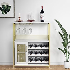 GAOMON Wine Bar Cabinet with Removable Wine Racks and 1 Drawer,Bar Cabinet with Glass Holder and Mesh Door for Liquor and Glasses(Gold)
