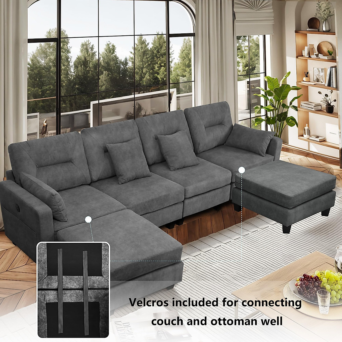 DIFYHOMEY U Shaped Modular Sectional Couches with USB Ports, Oversized 125” Velvet Anti-Scratches Fabric Sectional Sofa Set with Ottoman, Lumbar Pillows for Living Room, Office