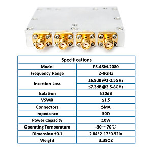 TOJOIN Passive Power Splitter 4 way for SMA Connectors, Coaxial Cable Splitter 2-8GHZ for RF/Microwave Measurements Accessories Splitter Coaxial, Antenna System Corrosion Resistant (PS-4SM-2080)
