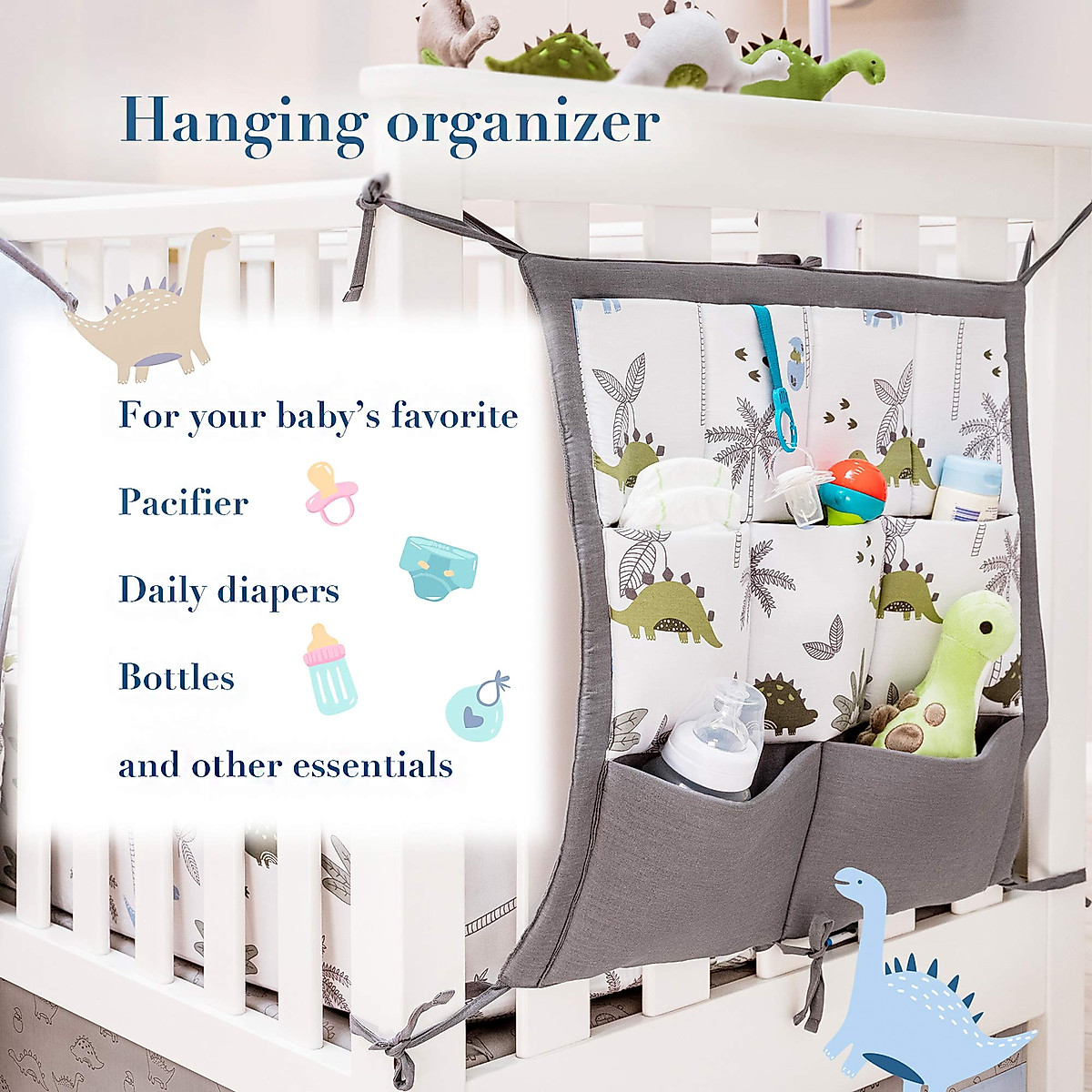 Dinosaur Crib Bedding Set for Boys, Crib Set for Boys includes - Dino Blanket, 2 Fitted Sheets, Pillowcase, Crib Skirt, Nursery Organizer - Dino Theme, Blue-White, 6 Piece boy crib bedding set