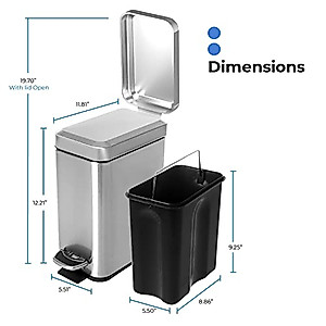 Home Zone Living 1.3 Gallon Bathroom Trash Can, Slim Stainless Steel, Step Pedal, 5 Liter