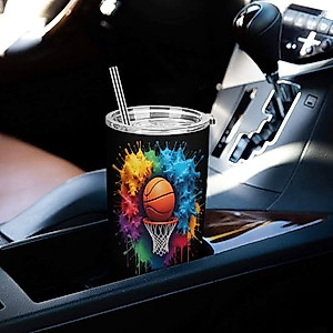 Colorful Basketball Splash 20 OZ Stainless Steel Tumbler Travel Car Coffee Mug with Straw Lid Cleaning Brush Coffee Tumbler Mug for Women Men