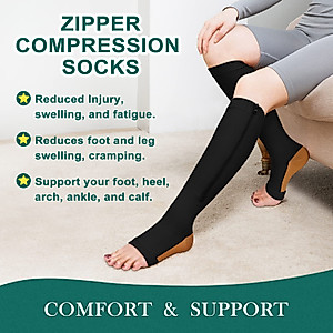 2 Pairs Copper Zipper Compression Socks 15-20mmgh-Calf Knee High Open Toe Support Stocking Compression Stocking