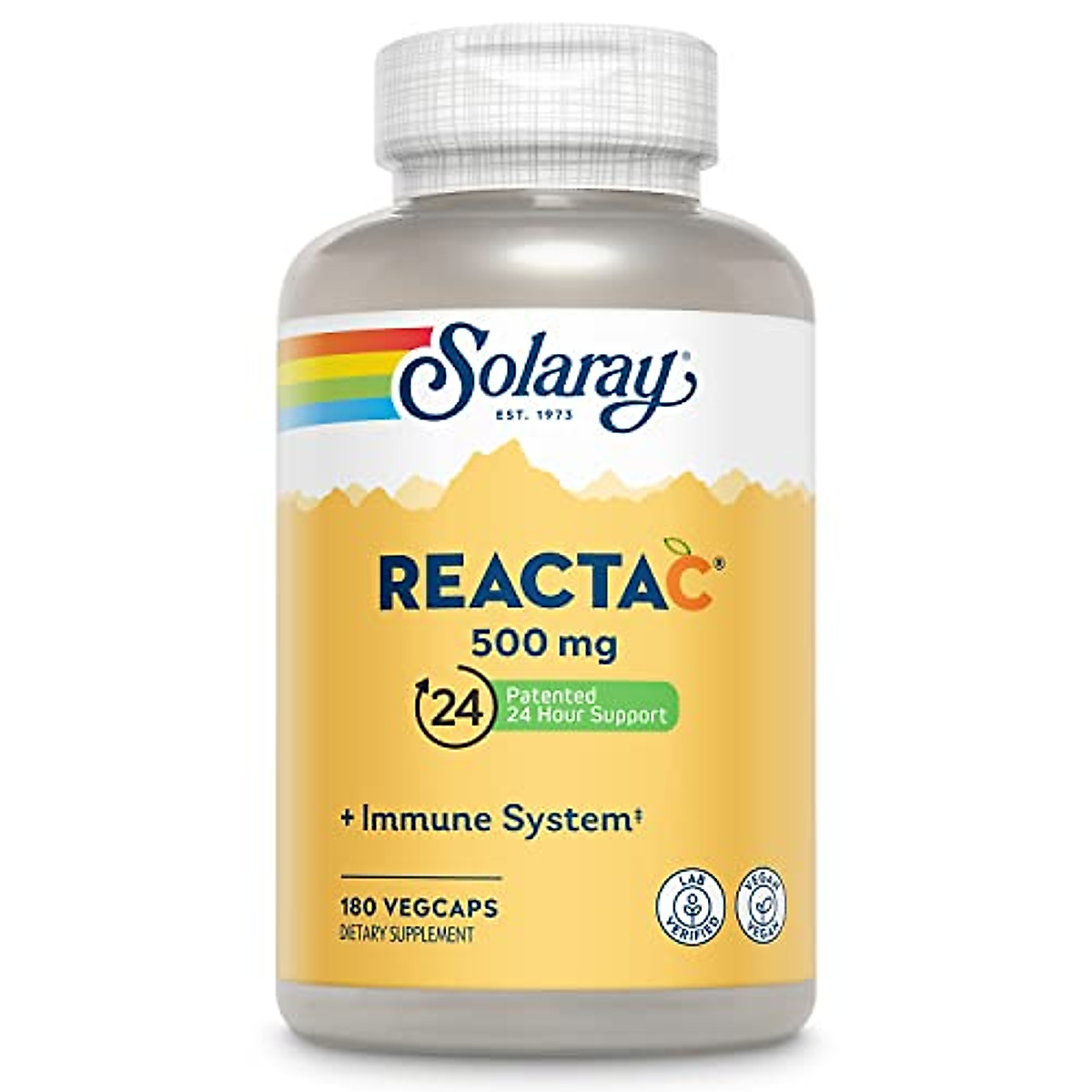 SOLARAY Reacta-C with 500mg Vitamin C, 200mg Bioflavonoid Concentrate, Immune System Defense Vitamins, Patented 24 Hour Immunity Booster Support Supplement, Vegan, 180 Capsules, 180 Servings.