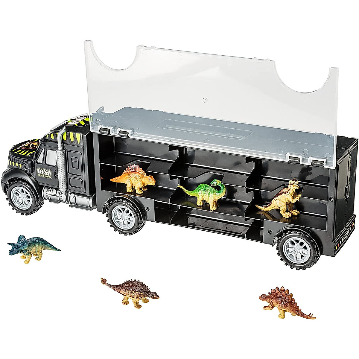 PREXTEX 16" Dinosaur Truck Carrier Playset with 6 Mini Plastic Dinosaurs, Dinosaur Toy Trucks for Toddler Boys 3 to 5 Years Old