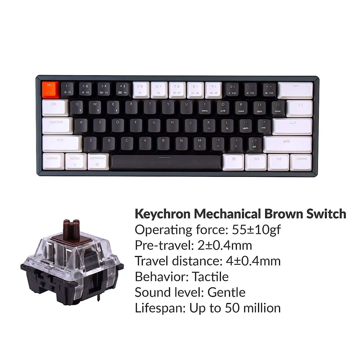 Keychron K12 60% Layout Bluetooth Wireless/USB Wired Mechanical Gaming Keyboard with Keychron Mechanical Brown Switch Aluminum Frame, Compact 61-Key Computer Keyboard for Mac Windowss