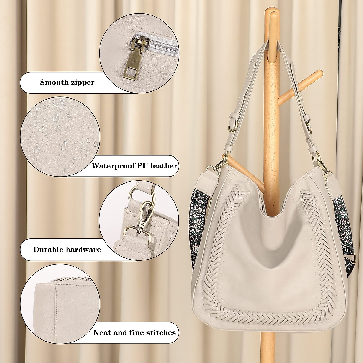 EMBRUNIOICE Large Hobo Bags for Women, Vegan Leather Hobo Purse and Handbag with Adjustable Guitar Strap, Ladies Crossbody Shoulder Bag (Light Grey)