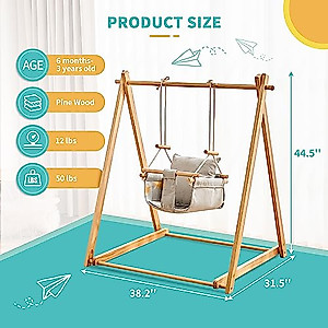 Wooden Toddler Swing Set, Foldable Baby Swing Set with Adjustable Ropes and Backrest Pillow, Durable and Stylish Indoor Swing Set, Swing Set for Toddlers 6-36 Months, Easy to Assemble (Wood)