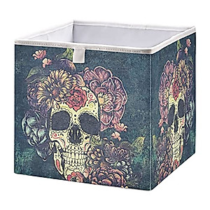 Floral Sugar Skull Collapsible Fabric Storage Cubes Bins with Handles Square Closet Organizer Waterproof Lining for Home Office Bedroom 11.02x11.02x11.02 Inches