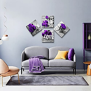 Purple Pictures Wall Decor Flowers Canvas Wall Art for Couples Bedroom Romantic Rose Bathroom Painting Black and White Grey Love Themed Floral Poster Living Room Modern Home Decorations 12x12" 4 Pcs