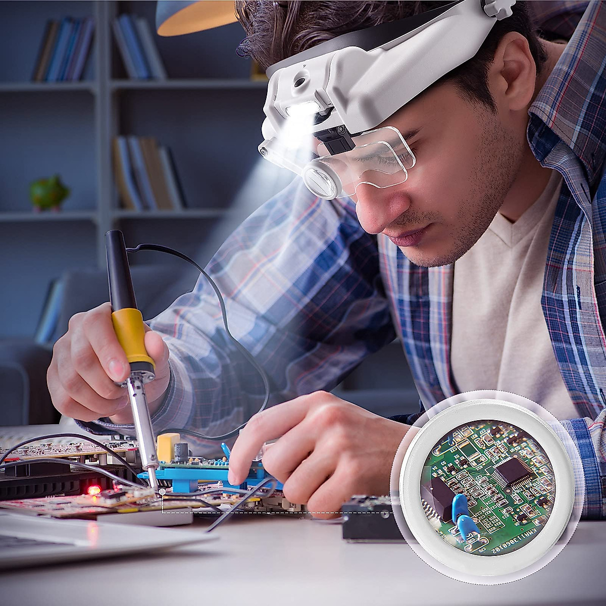 Elikliv Headband Magnifying Glass with Light 1X to 14X, Rechargeable Handsfree Head Mount Magnifier, 6 Detachable Lens Visor Loupe Tool for Close Work Reading Jewelry Craft Repair Cross Stitch