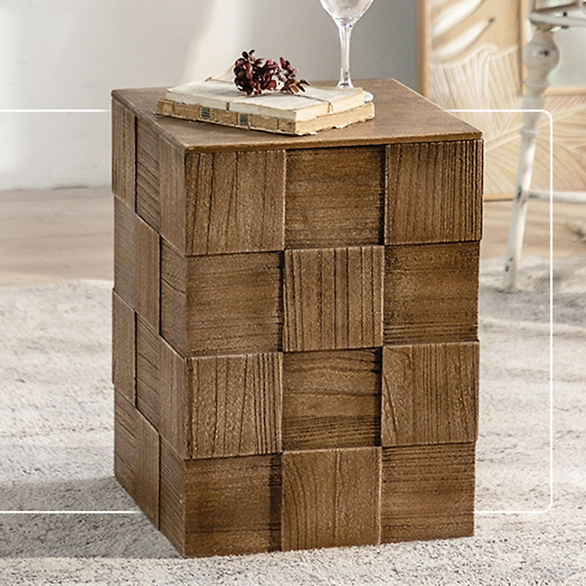 Topjia Retro Solid Wood Storage Side Table,Durable Rounding Grinding End Table,Nightstands for Living Room Apartment Studio Office Small Spaces(36x48cm(14.2x18.9in), Brown)