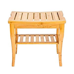 Bamboo Shower Bench Spa Stool, 2-Tier Shower Seat Bench , Foot Rest Shaving Stool with Non-Slip Feet Storage Shelf Organizer for Bathroom, Living Room, Bedroom and Garden Decor