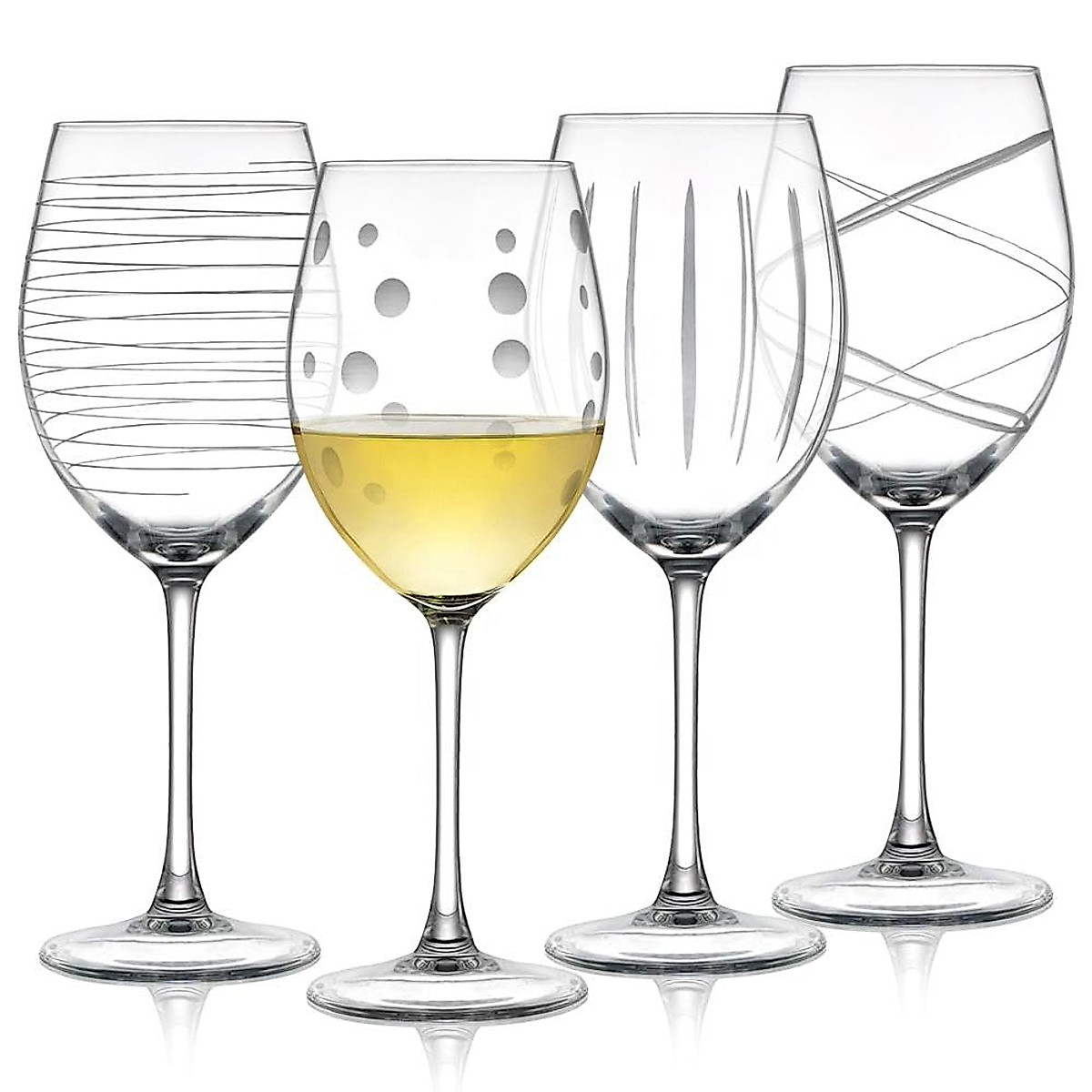 Joeyan Hand Blown Etched Red and White Wine Glasses,Stemmed Glasses with Stripes and Dots Pattern,Clear Carved Long Stem Glassware Set for Wine Tasting Birthday Anniversary Wedding,19 oz,Set of 4