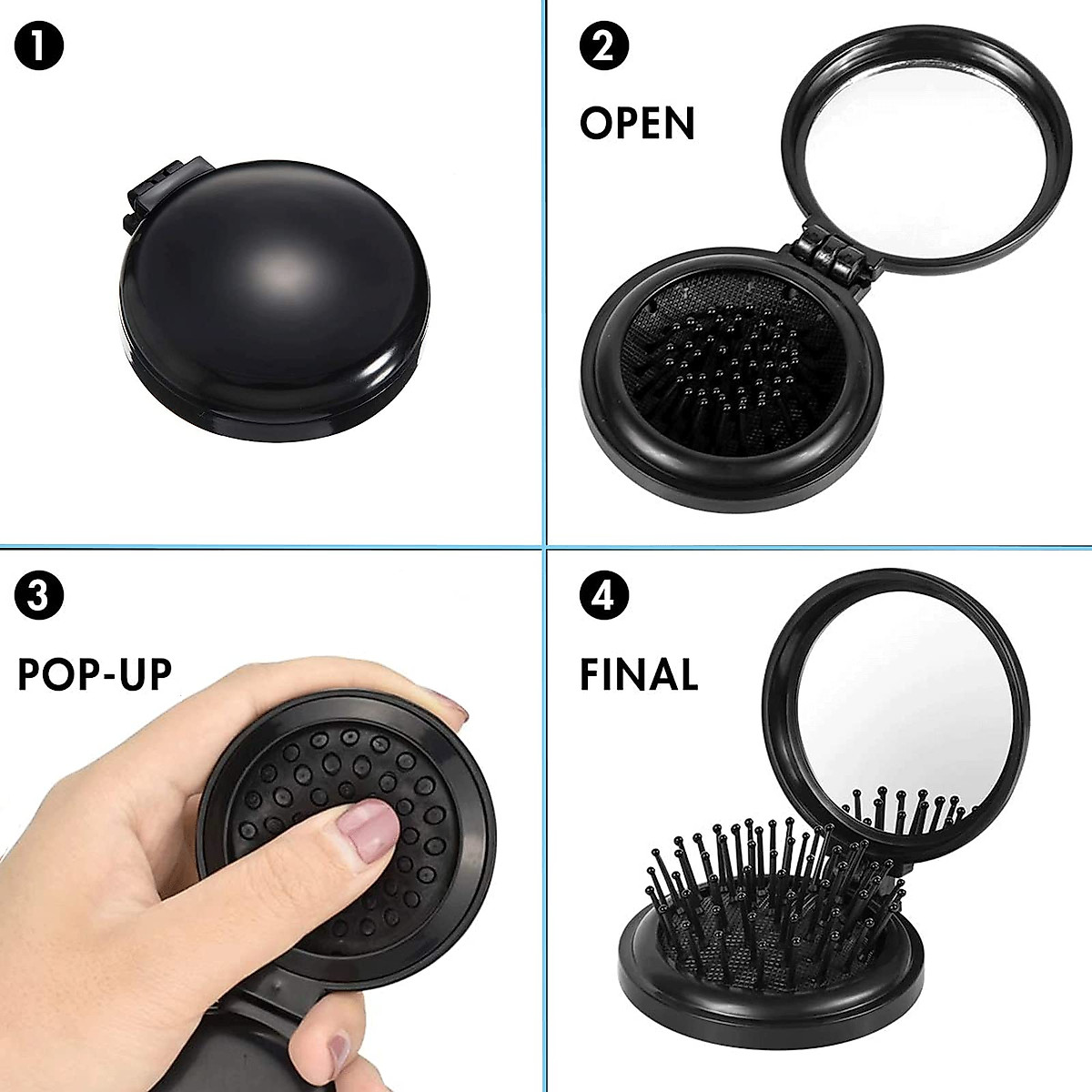 Serrale Folding Hair Brush Mini Round Comb with Mirror Portable Travel HairBrush Pocket Compact Massage Combor for Women & Girls Small Purse, Gym, Trip, School Camping(Black), 2.5x7.5x6.5cm