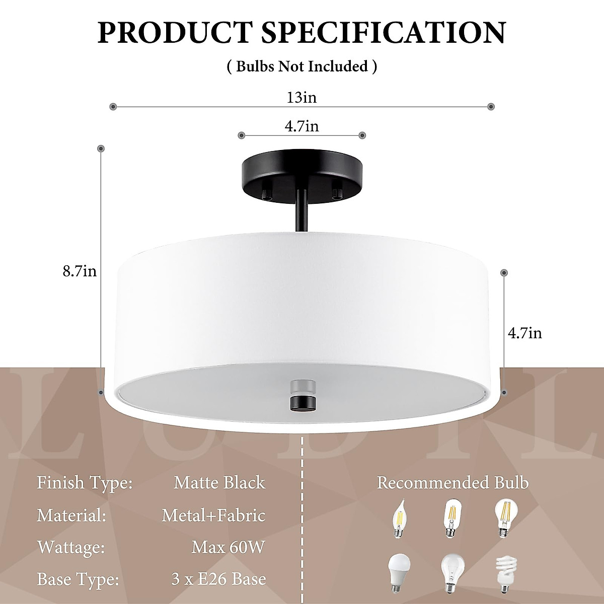 3-Light Semi Flush Mount Ceiling Light Fixture, 13" Black Drum Light, Modern Close to Ceiling Light with White Fabric Shade Lamps for Bedroom Living Dining Room Kitchen Hallway Entryway