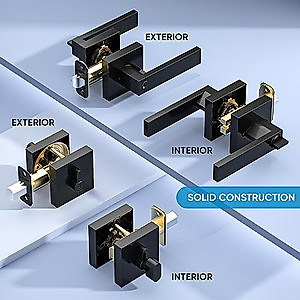 TICONN Door Handle Heavy Duty, Reversible Square Door Lever for Bedroom, Bathroom and Rooms (Black, Deadbolt with Keyed Entry - Not keyed Alike)