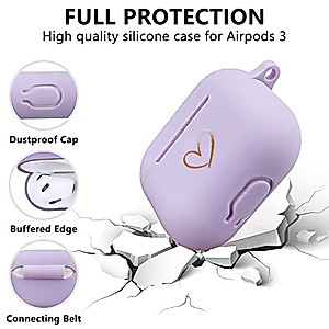 AIIEKZ Compatible with AirPods 3 Case Cover 2021, Cute Soft Silicone Case with Gold Heart Pattern for AirPods 3rd Generation Case with Fur Ball Pom Pom Keychain for Girls Women (Lavender Purple)