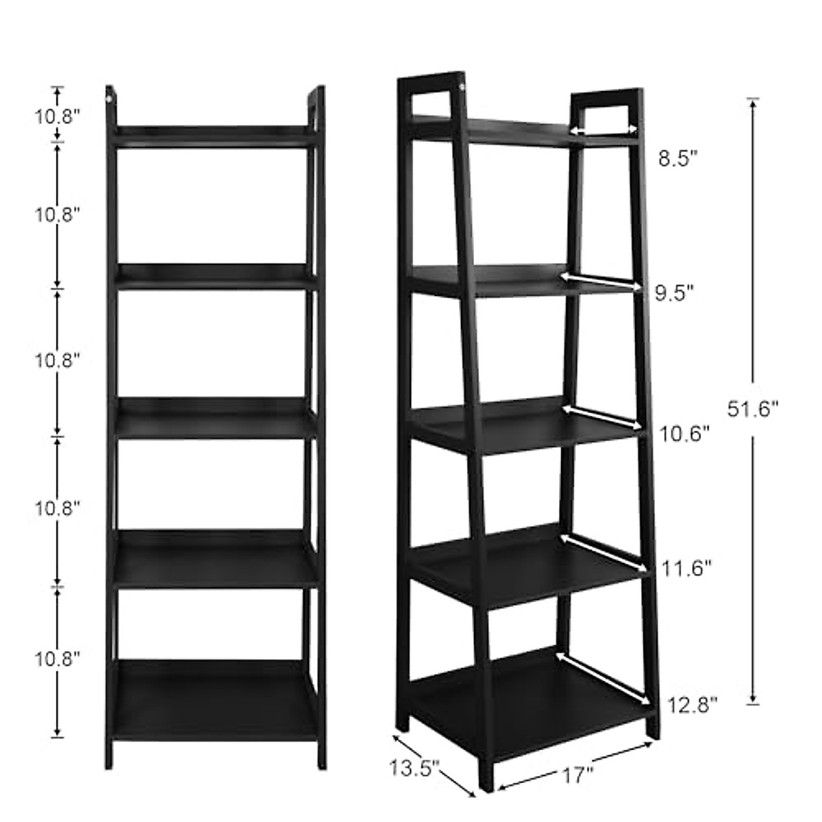Babion 5-Tier Ladder Open Bookshelf - Pine Wood Freestanding Display Shelf Plant Stand, 51.6" High Floor-Standing Bookcase, Black