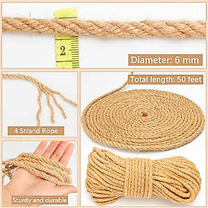 KDAOQN 1/4 Inch Natural Hemp Rope for Cat Scratcher Replacement - 50FT Jute Twine for Scratching Post, Tower Repair and Tree Replacement