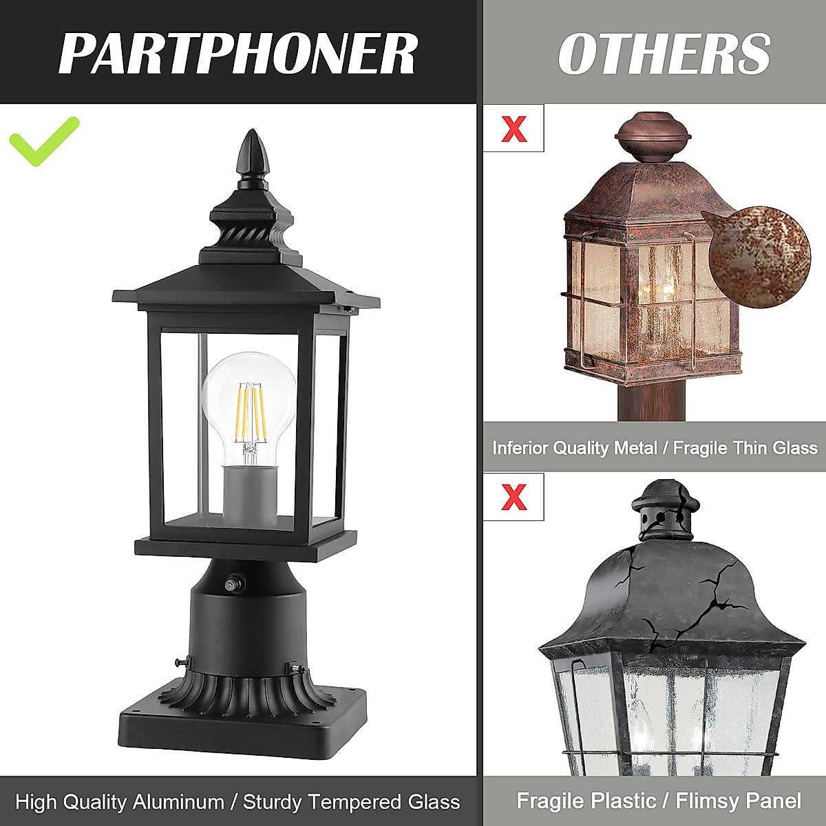 PARTPHONER Dusk to Dawn Outdoor Post Lights with Pier Mount Base, Waterproof Outside Pole Lantern Light Fixture, Exterior Lamp Post Lantern Head with Clear Glass Panels for Garden Patio, 2 Pack