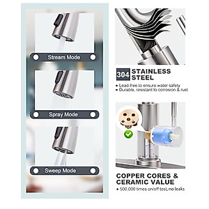 WOWOW Kitchen Faucet with Sprayer, Kitchen Sink Faucet, SUS 304 Stainless Steel, High Arc Single Handle Brushed Nickel Kitchen Faucets with Pull Down Sprayer, Pull Out Kitchen Faucet with Deck Plate