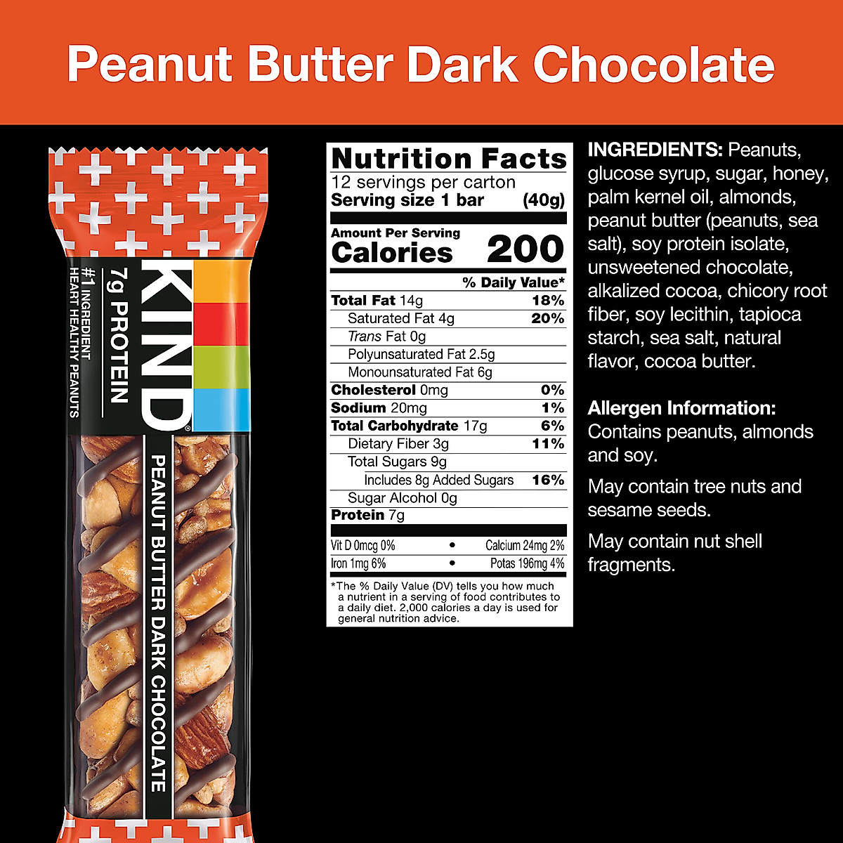 KIND Bars, Peanut Butter Dark Chocolate, Healthy Snacks, Gluten Free, 12 Count
