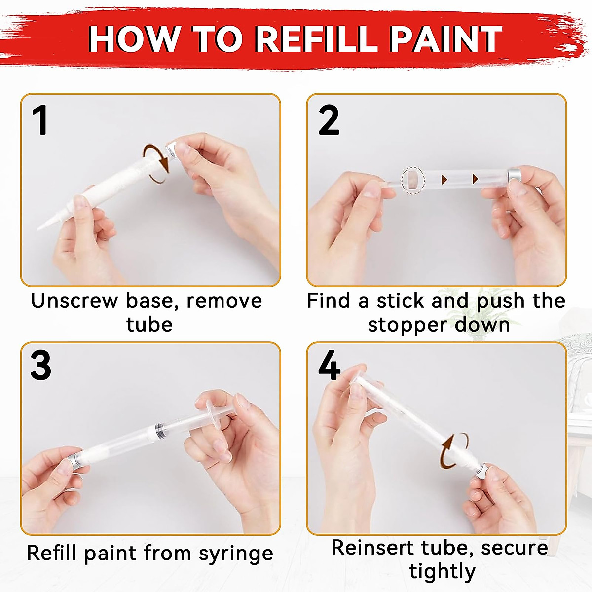 Fillable Touch Up Paint Pen Brush, 4 Pack User-Friendly Refillable Paint Pens, Multiple Applications Touch-Up Paint Brushes for Walls, Wood, Floor, Cabinets, Doors and Windows(8 Pcs Kit)