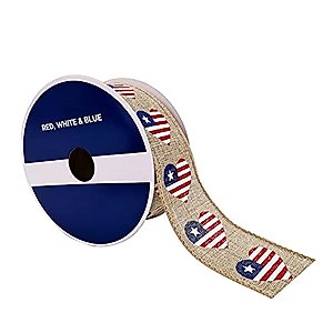 1.5" Faux Linen Wired Flag Heart Ribbon by Celebrate It Red, White & Blue