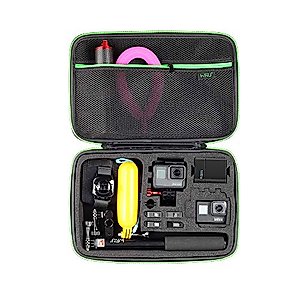 HSU Large Carrying Case for GoPro Hero(2018), Hero 11, 10, 9, 8, 7 Black,HERO6,5,4, LCD, Black, 3+, 3, 2 and Accessories with Carry Handle and Carabiner Loop - Portable and Shock(Green Logo)