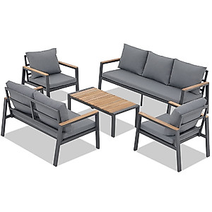 JOIVI Aluminum Patio Furniture Set 5 Pieces Outdoor Conversation Set with Teak Coffee Table & Cushions, Outdoor Patio Furniture Sectional Patio Sofa Outside Furniture for Deck, Backyard, Gray