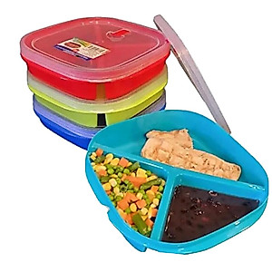 Set of 4 - Microwave Food Storage Containers, Lunch Boxes - 3 Section / Compartment Divided Plates w/ Vented Lid and 1 BAMD Kitchen Conversion Magnet, 41965n