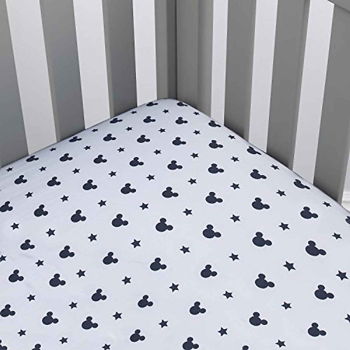 Disney Mickey Mouse 4 Piece Hello World Denim/Star/Icon Nursery Crib Bedding Set, Navy, Grey, White