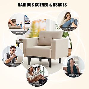 AYEASY Linen Mid-Century Modern Cream Accent Set of 2, Oversized Upholstered Single Sofa Chair Base and Wood Legs, Comfy Living Room Armchairs for Apartment Bedroom Office Study, Ivory/Beige